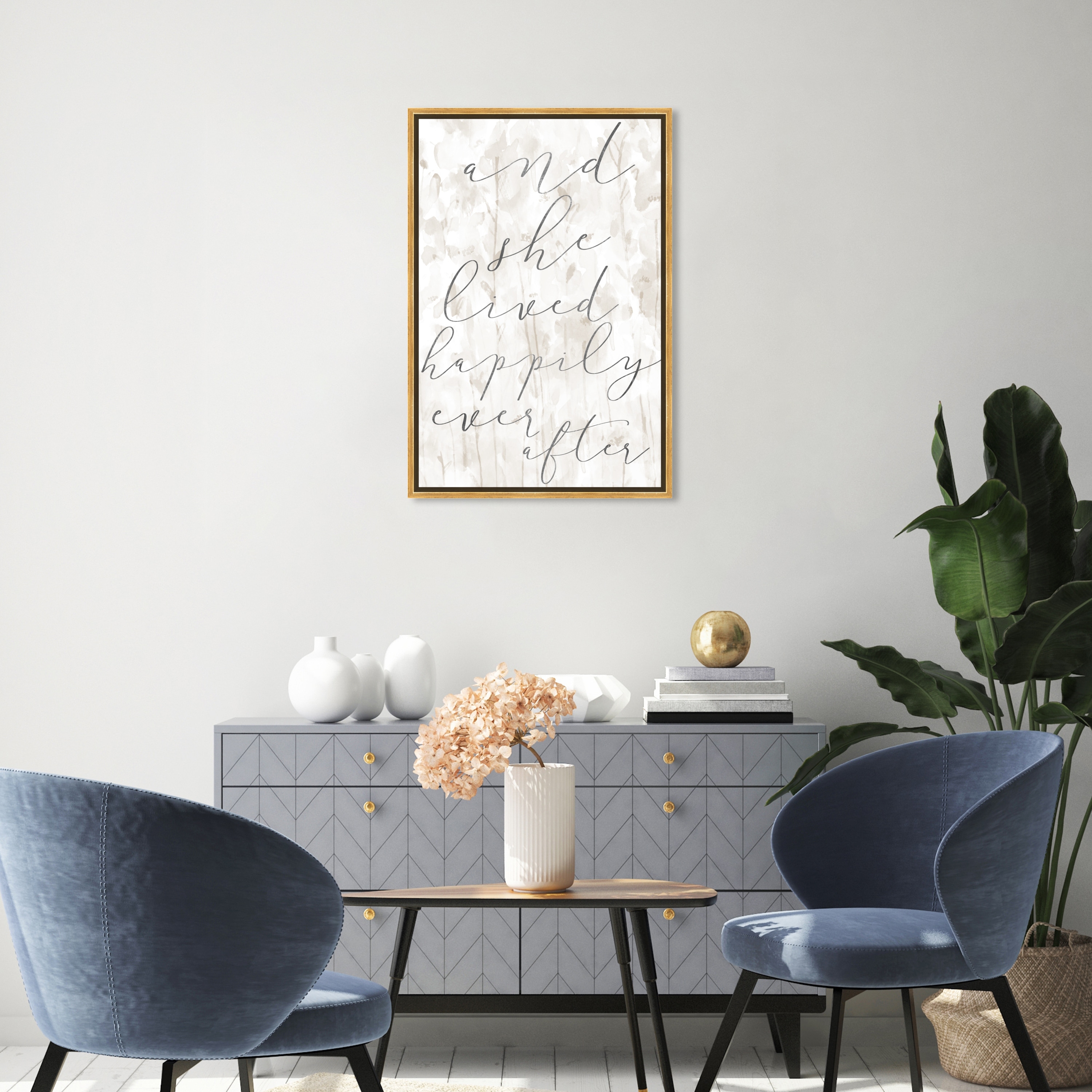 Oliver Gal 'Happily' Typography and Quotes Wall Art Framed Canvas Print ...